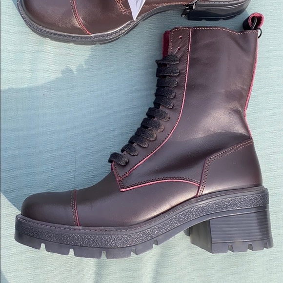 Zara | Shoes | Zara Burgundy Combat Lug Soles Laced Leather Boots Size ...